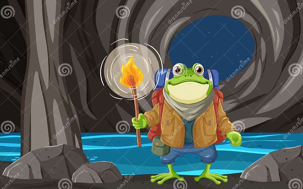 Frog Backpacker Explores in the Cave Stock Vector - Illustration of ...