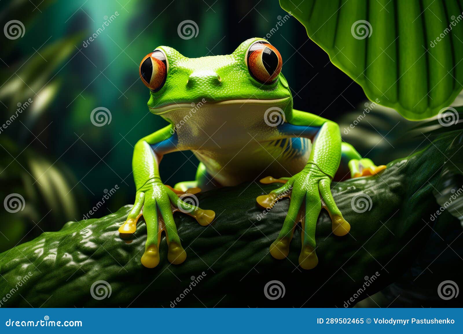 Frog with Big Eyes Sitting on Branch with Leaf. Generative AI Stock ...