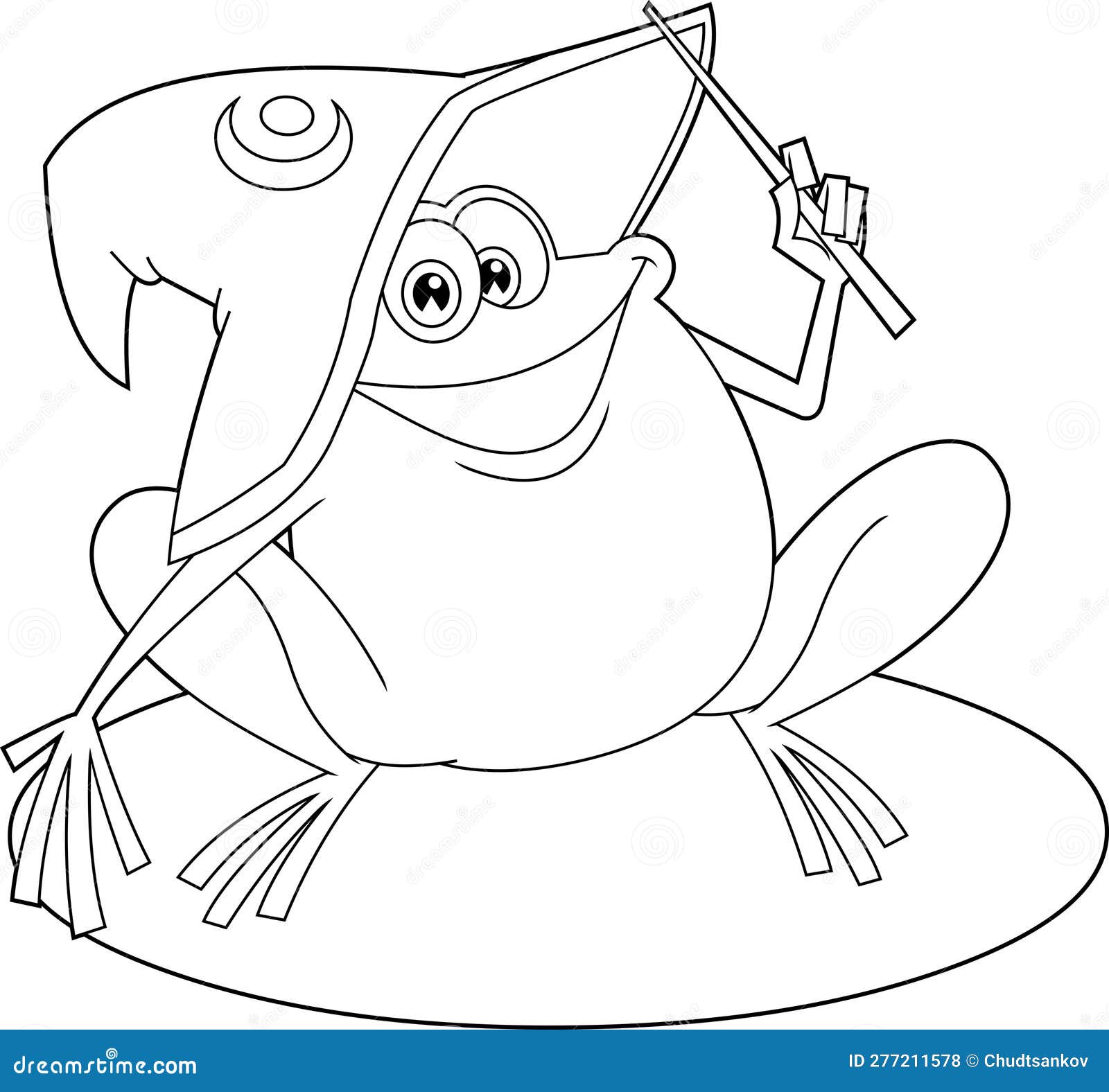 Outlined Cute Frog Cartoon Character with Wizard Hat and Magic Wand ...