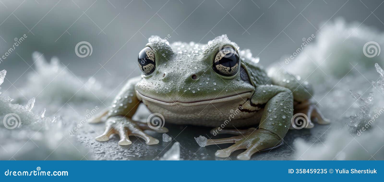 Frog Face Covered in Ice Crystals with Curious Expression in a Frozen ...