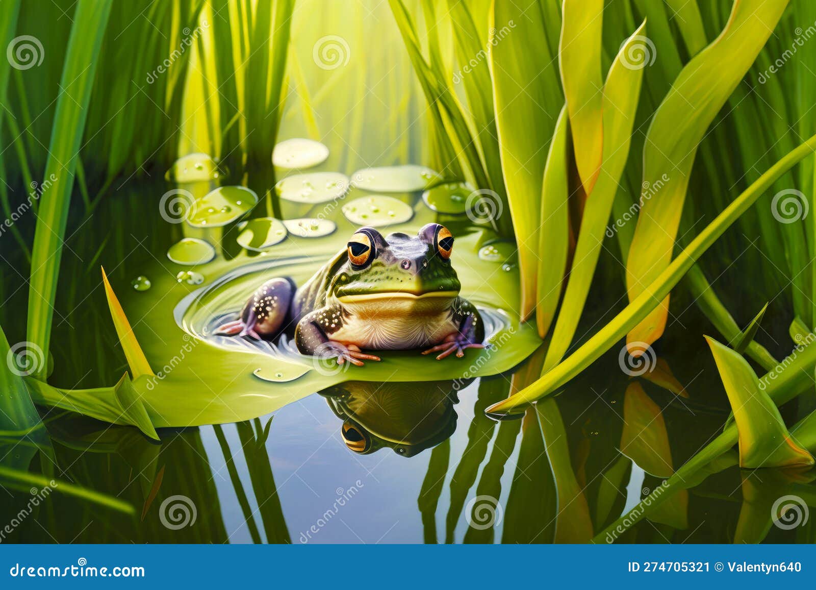 Frog is Floating in Pond of Water with Lily Pads on the Water ...