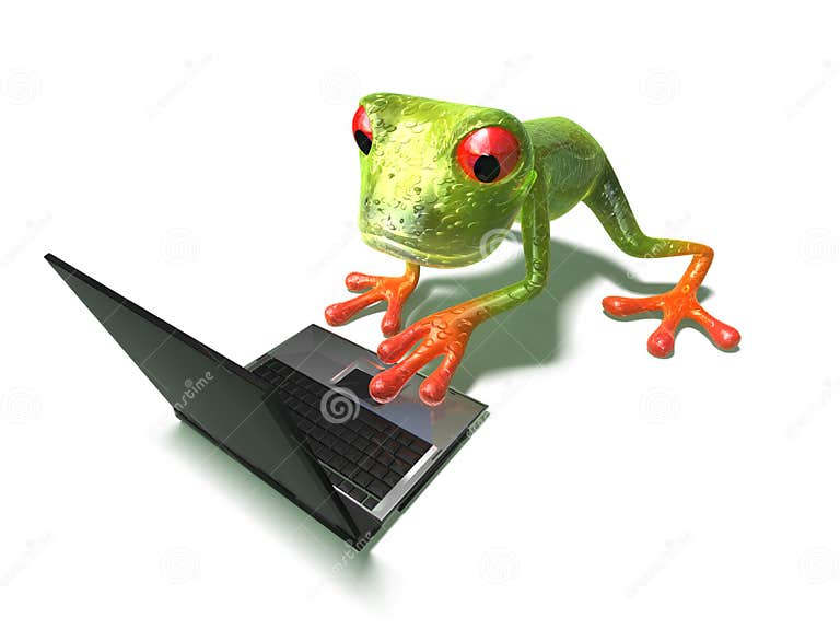 Frog in front of a laptop stock illustration. Illustration of ecology ...
