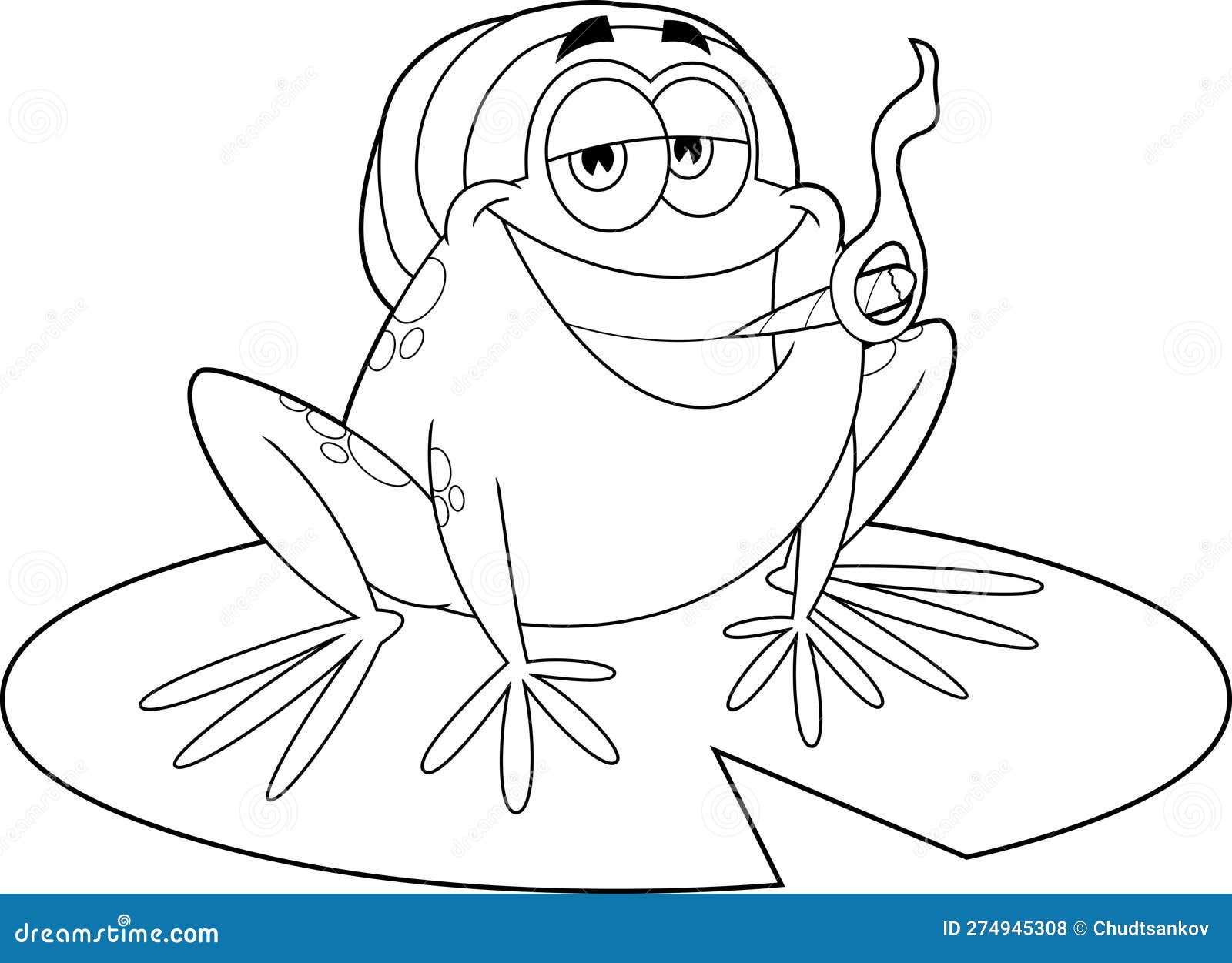 Outlined Smiling Frog Cartoon Character Sitting on a Leaf and Smoking a ...
