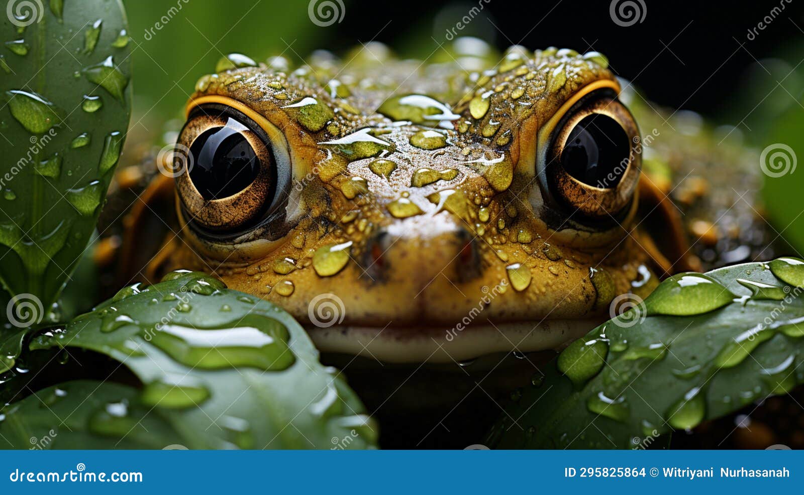 Frog Hiding from Rain Under a Leaf. Generative AI Stock Illustration ...