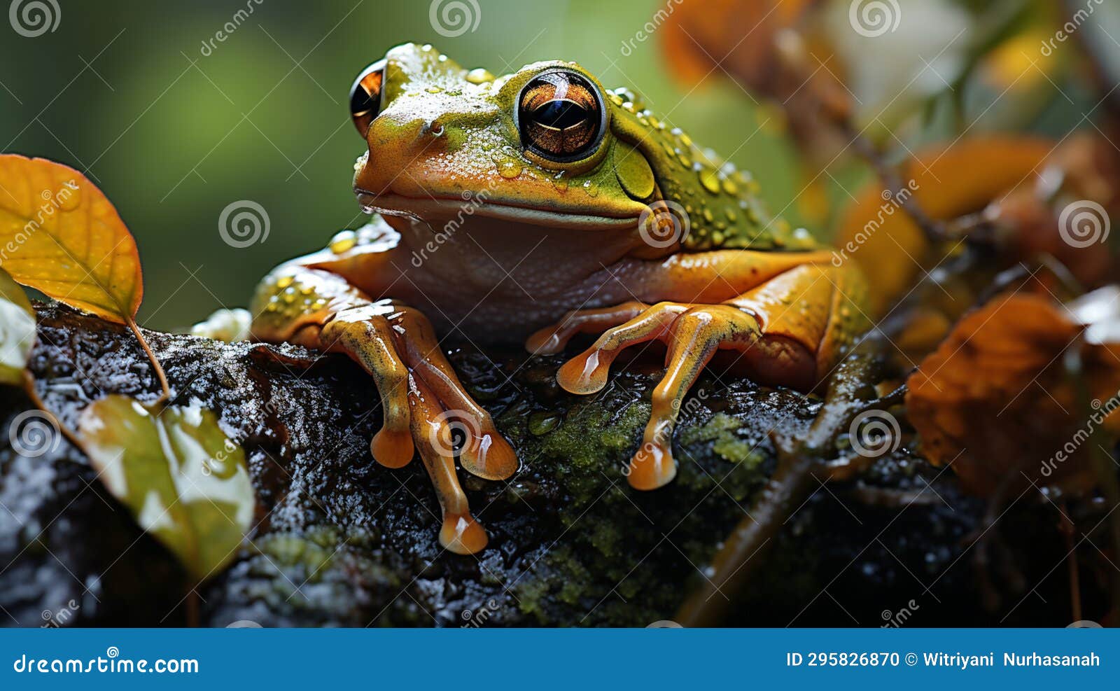 Frog Hiding from Rain Under a Leaf. Generative AI Stock Illustration ...