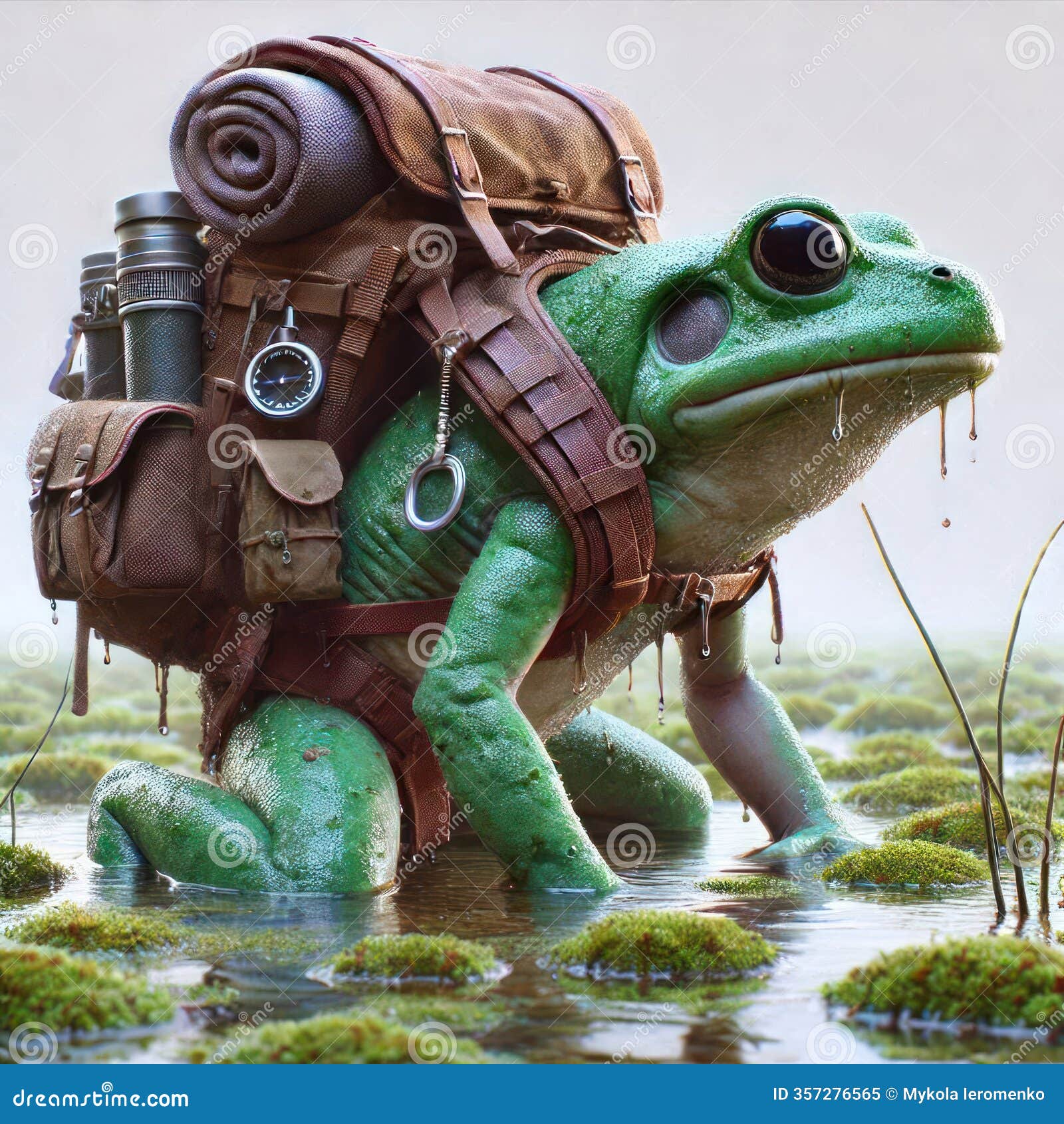 Frog with a Hiking Backpack in a Swamp. Stock Image - Image of camping ...