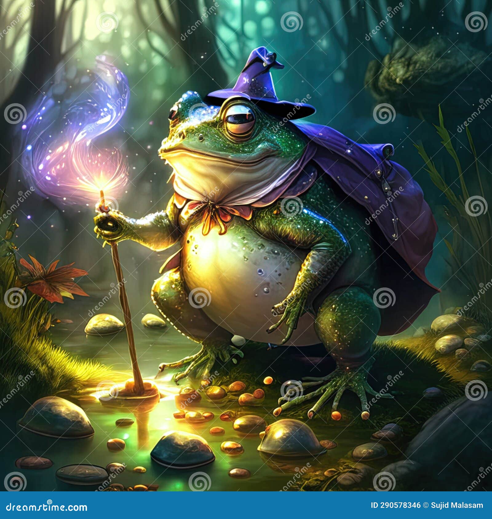 Frog with Magic Wand in the Forest, 3d Illustration. Generative AI ...