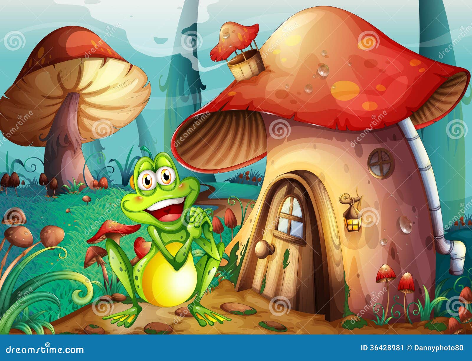 A Frog Near the Mushroom House Stock Vector - Illustration of grass ...