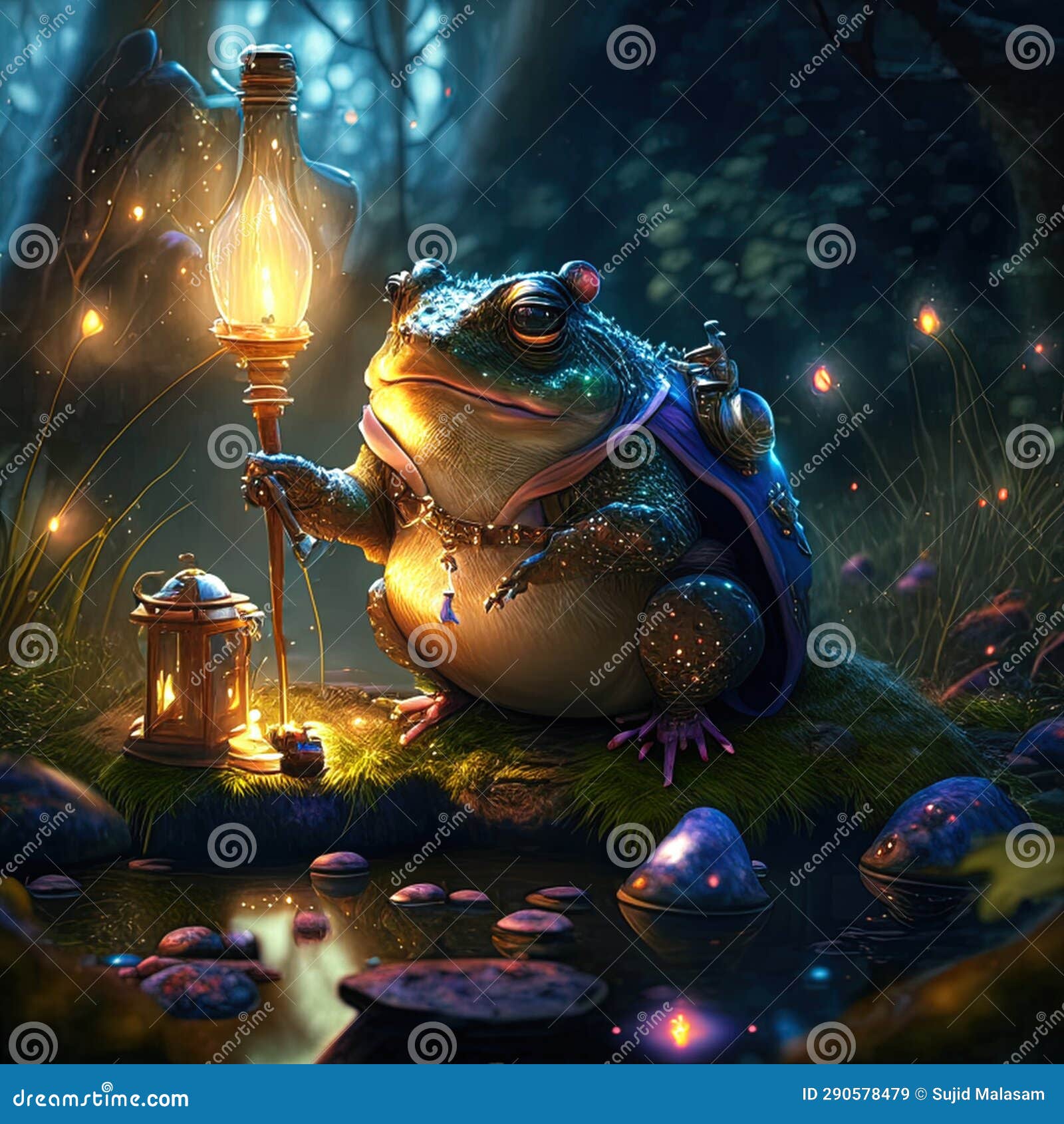Frog in the Night Forest. 3d Rendering. Computer Digital Drawing ...