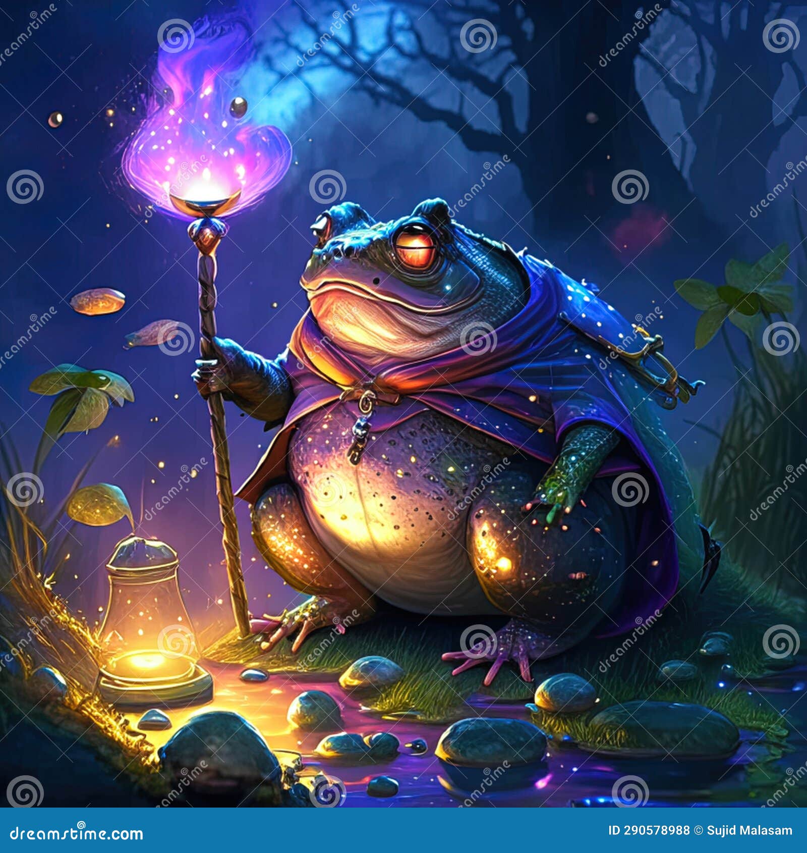 Frog in the Night Forest. 3d Rendering. Computer Digital Drawing ...