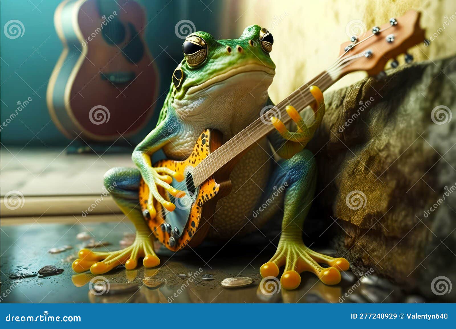 Frog Playing Guitar while Sitting on Rock Next To Guitar. Generative AI ...