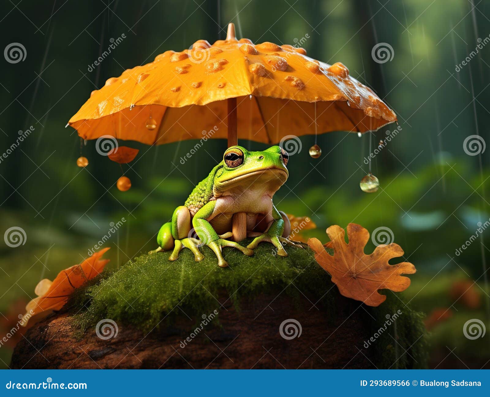 Frog in the rain stock illustration. Illustration of toadstool - 293689566