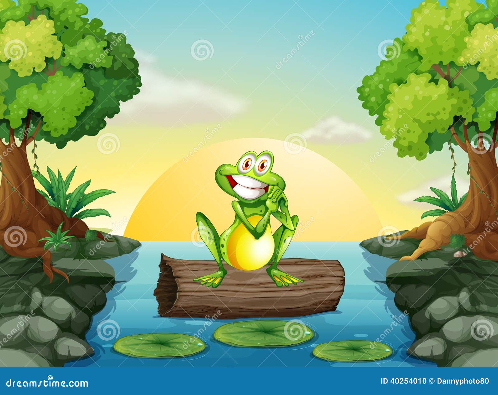 A Frog at the River Standing Above the Log Stock Vector - Illustration ...