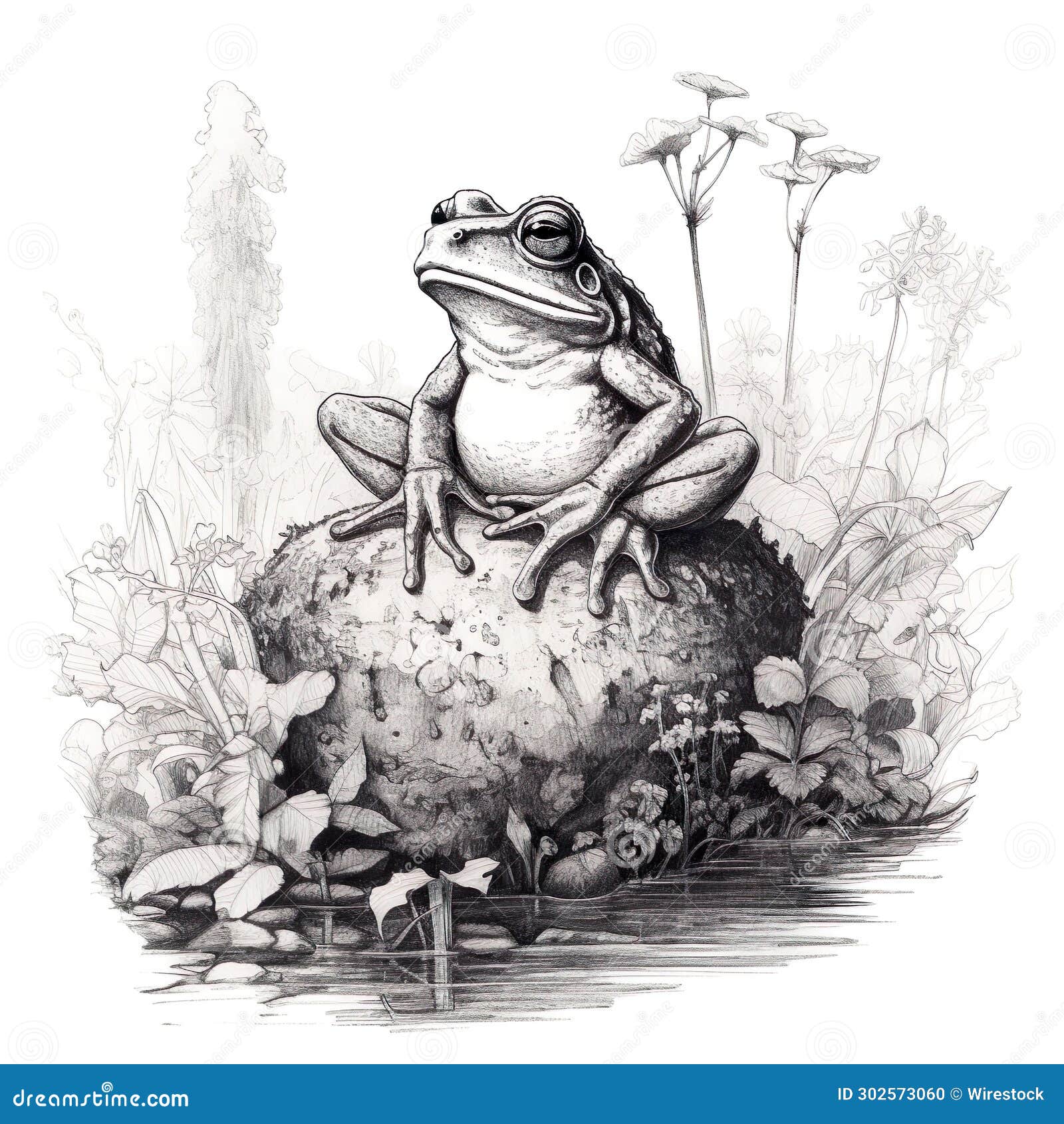 Frog on a Rock in a Pond Surrounded by Lush Weeds. Pencil Drawing Style ...