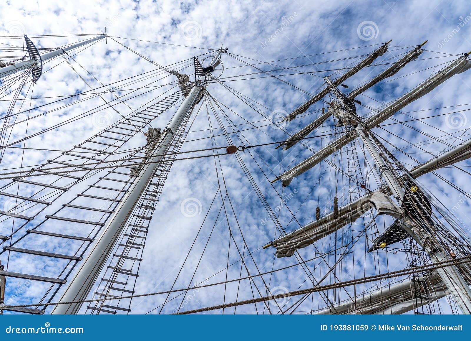Frog`s View of the Masts, Rigging and Ropes of a Large Sailing Vessel ...