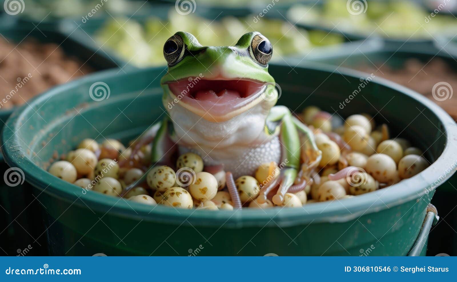 A Frog Sitting in a Bucket of Eggs with Its Mouth Open, AI Stock Photo ...