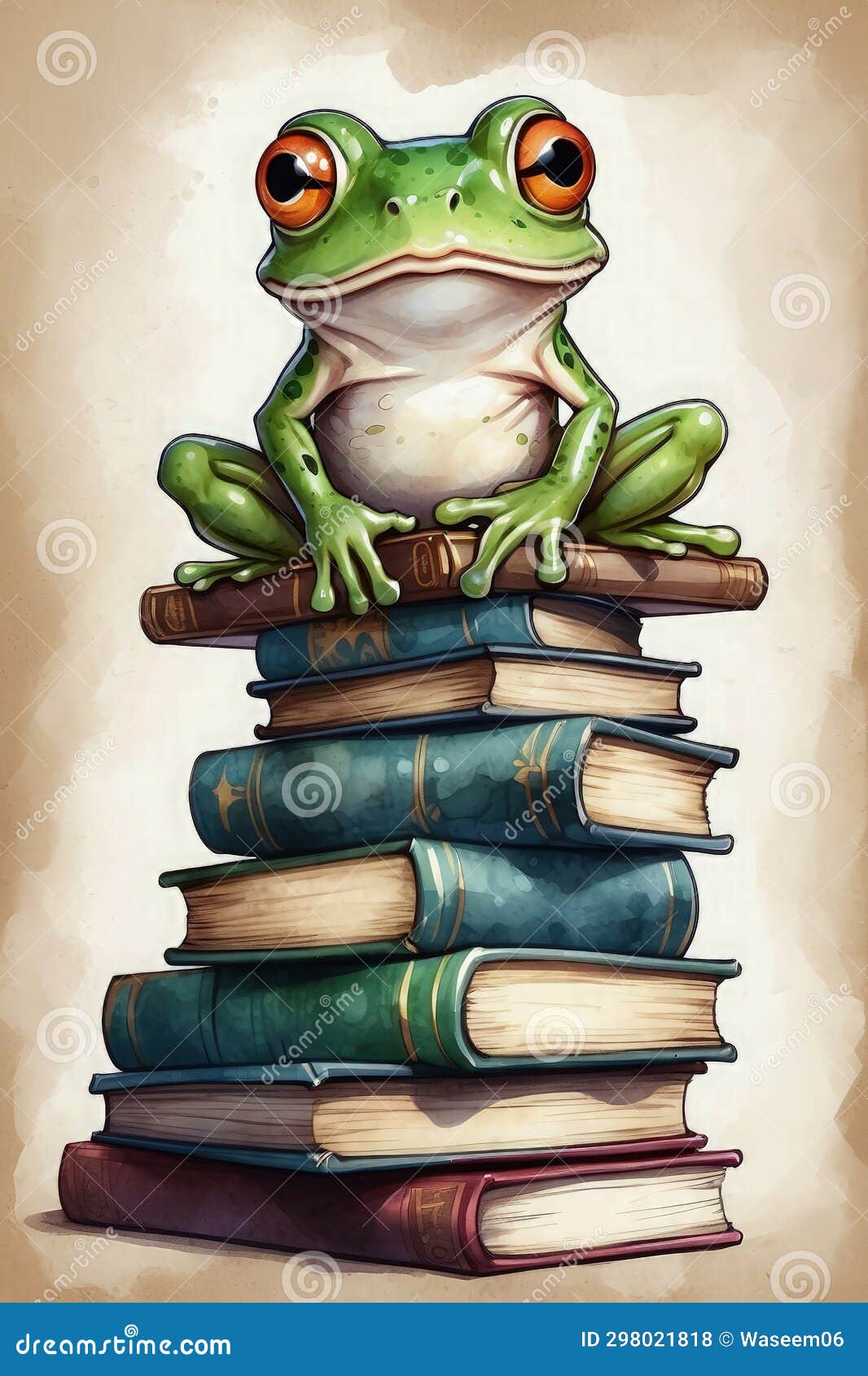 Frog Sitting on a Pile of Books. Hand Drawn Illustration Stock ...