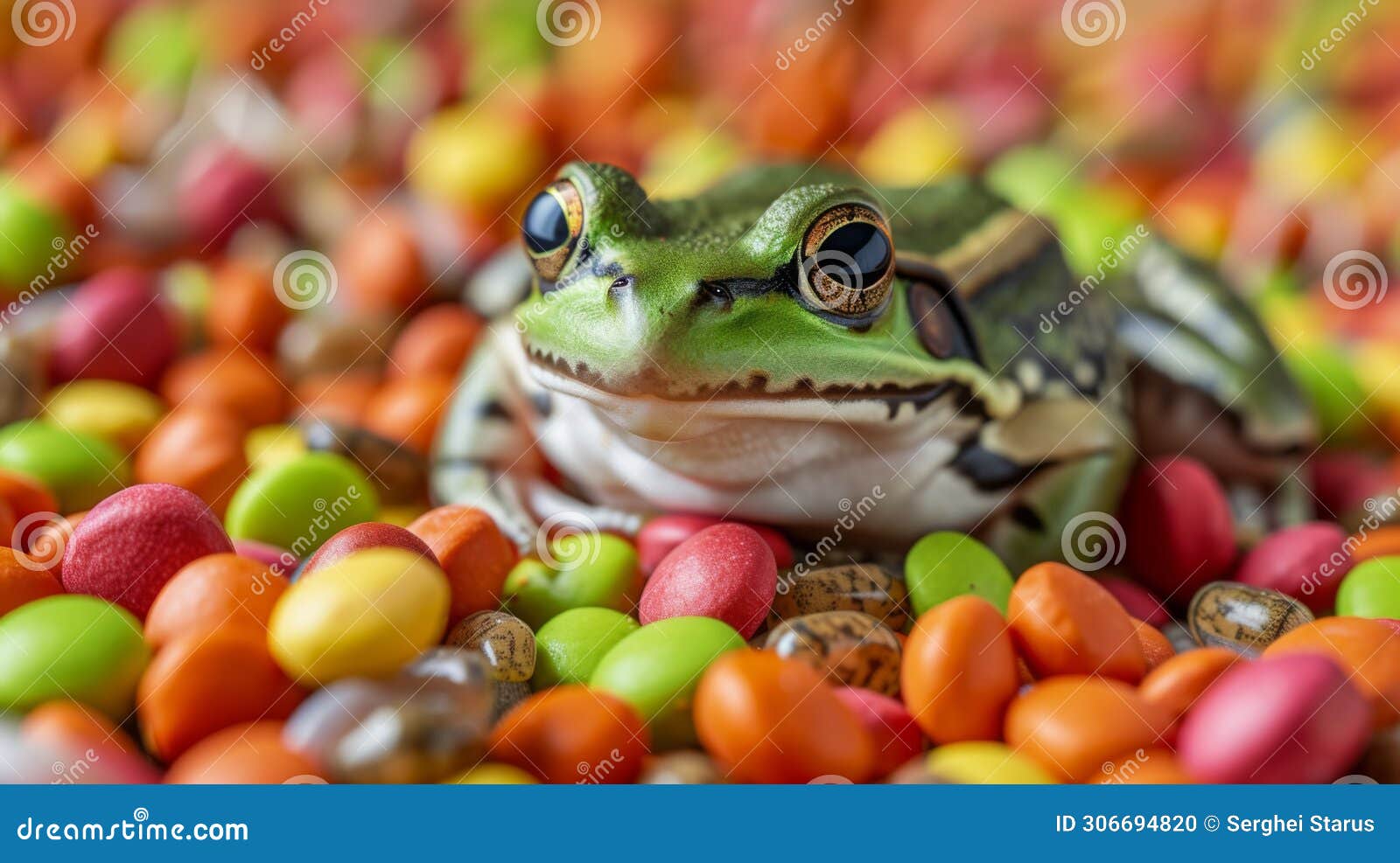 A Frog Sitting on a Pile of Candy Beans and Other Candies, AI Stock ...