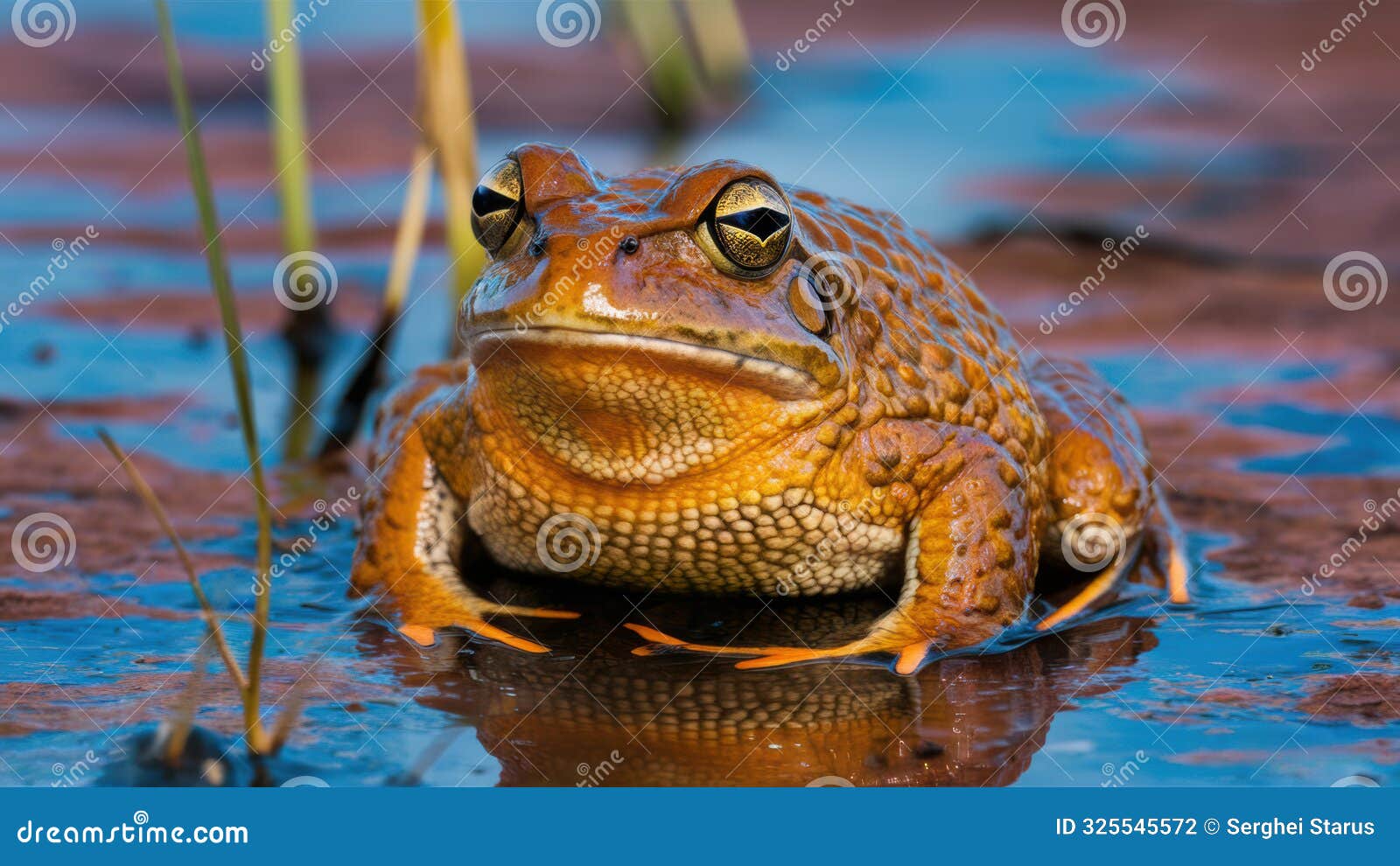 A Frog Sitting in a Puddle of Water with Grasses Around it, AI Stock ...