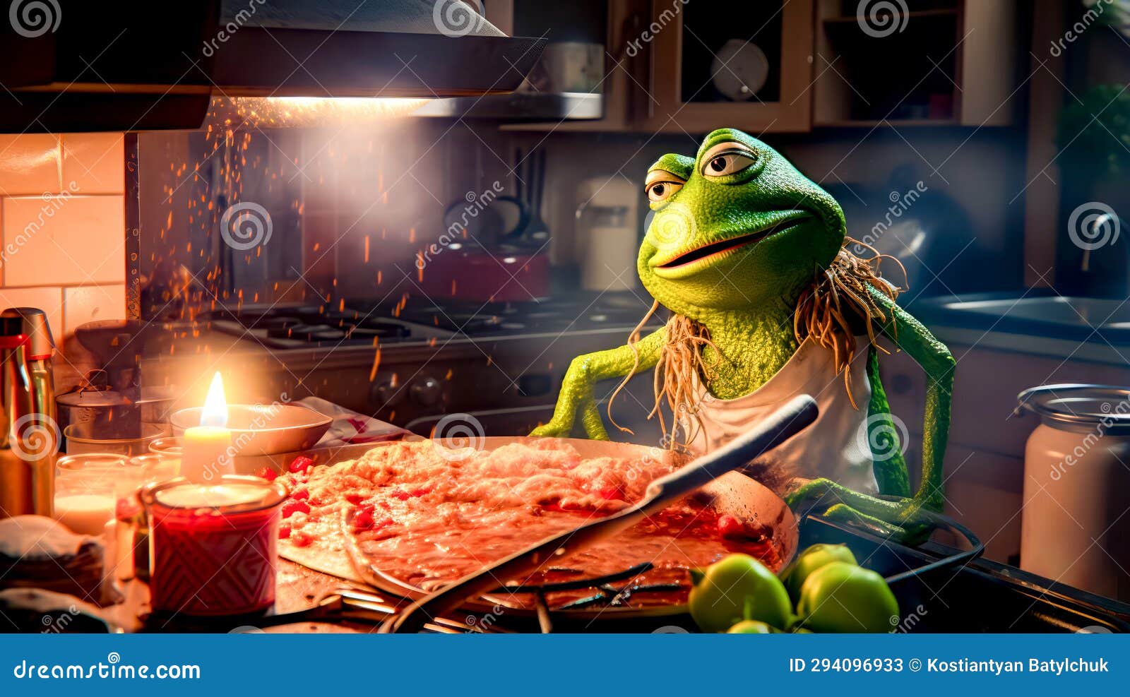 Frog Sitting at Table with Pizza in Front of Him in Kitchen. Generative ...