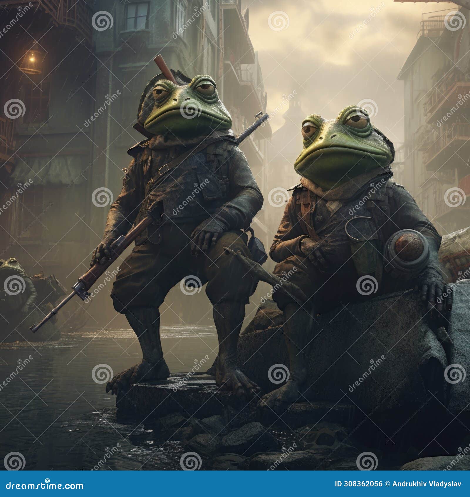 Frog Soldiers in a Flooded Post-apocalyptic City Stock Illustration ...