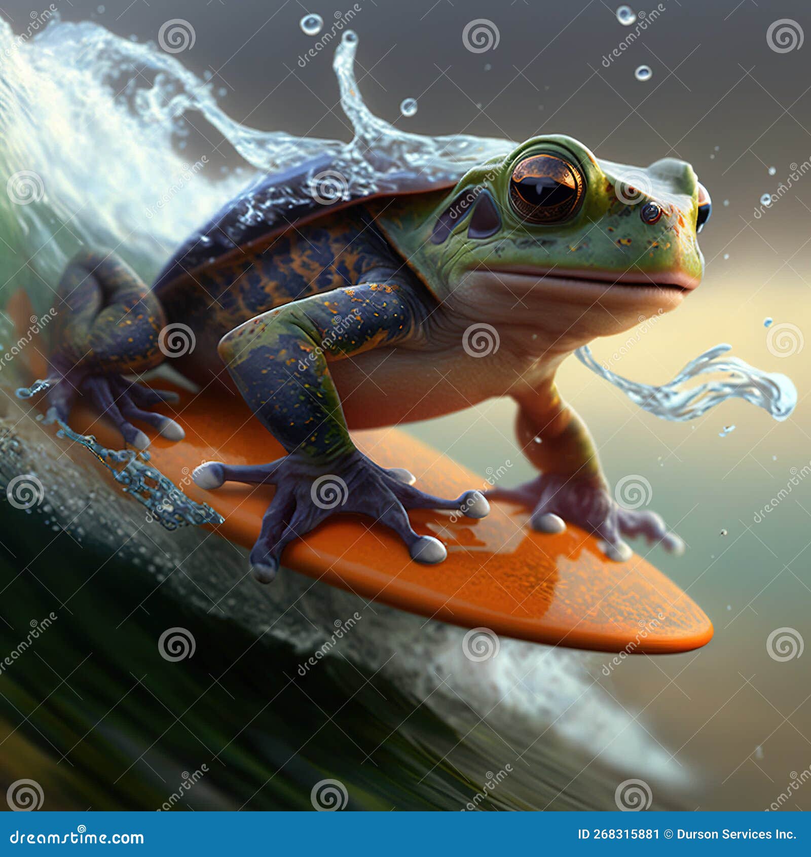 Frog Surfing a Wave on a Surfboard, Closeup. Stock Illustration ...