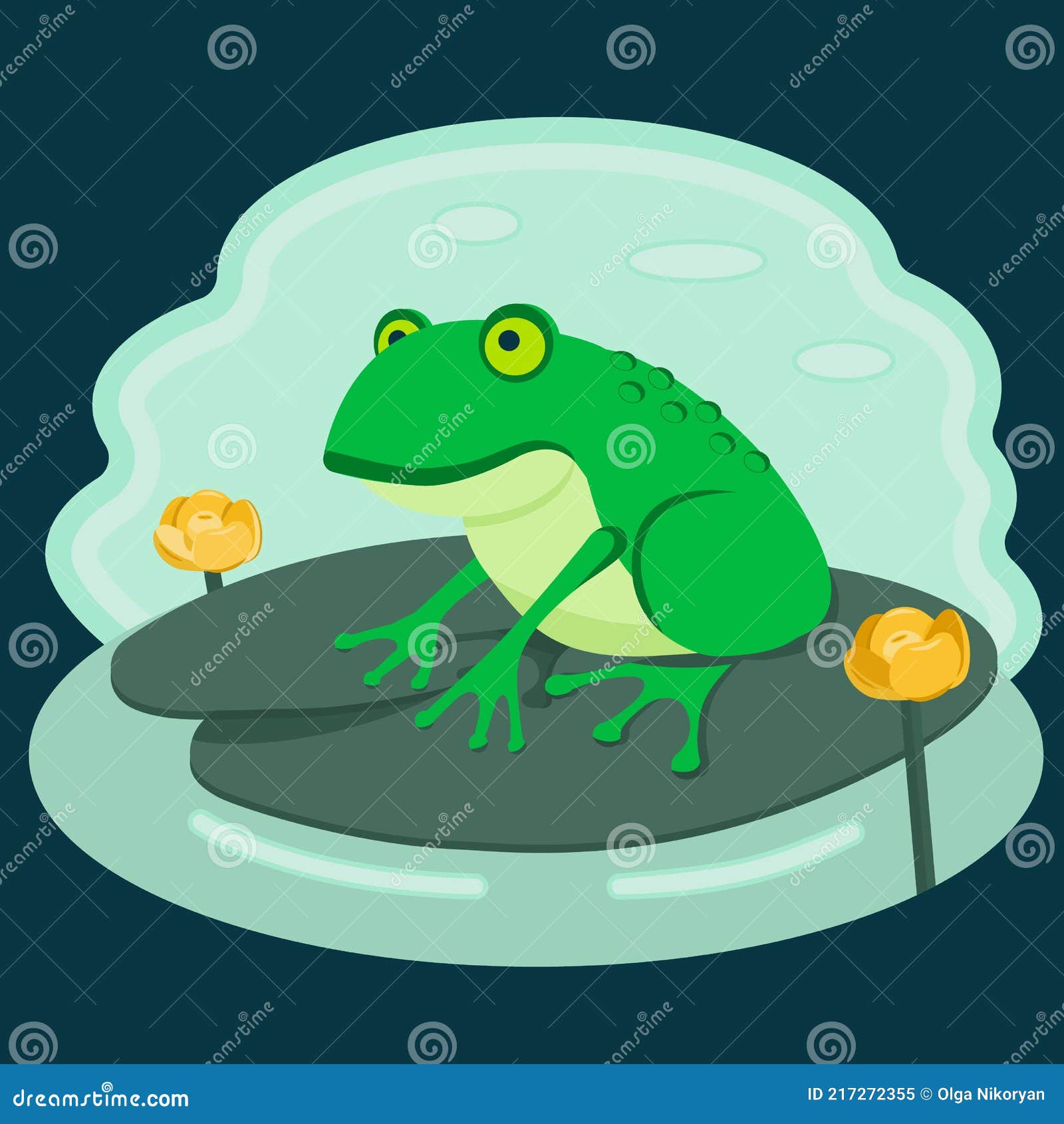 Frog In Swamp At Lily Leaf In Canes With Dragonflies. Royalty-Free ...