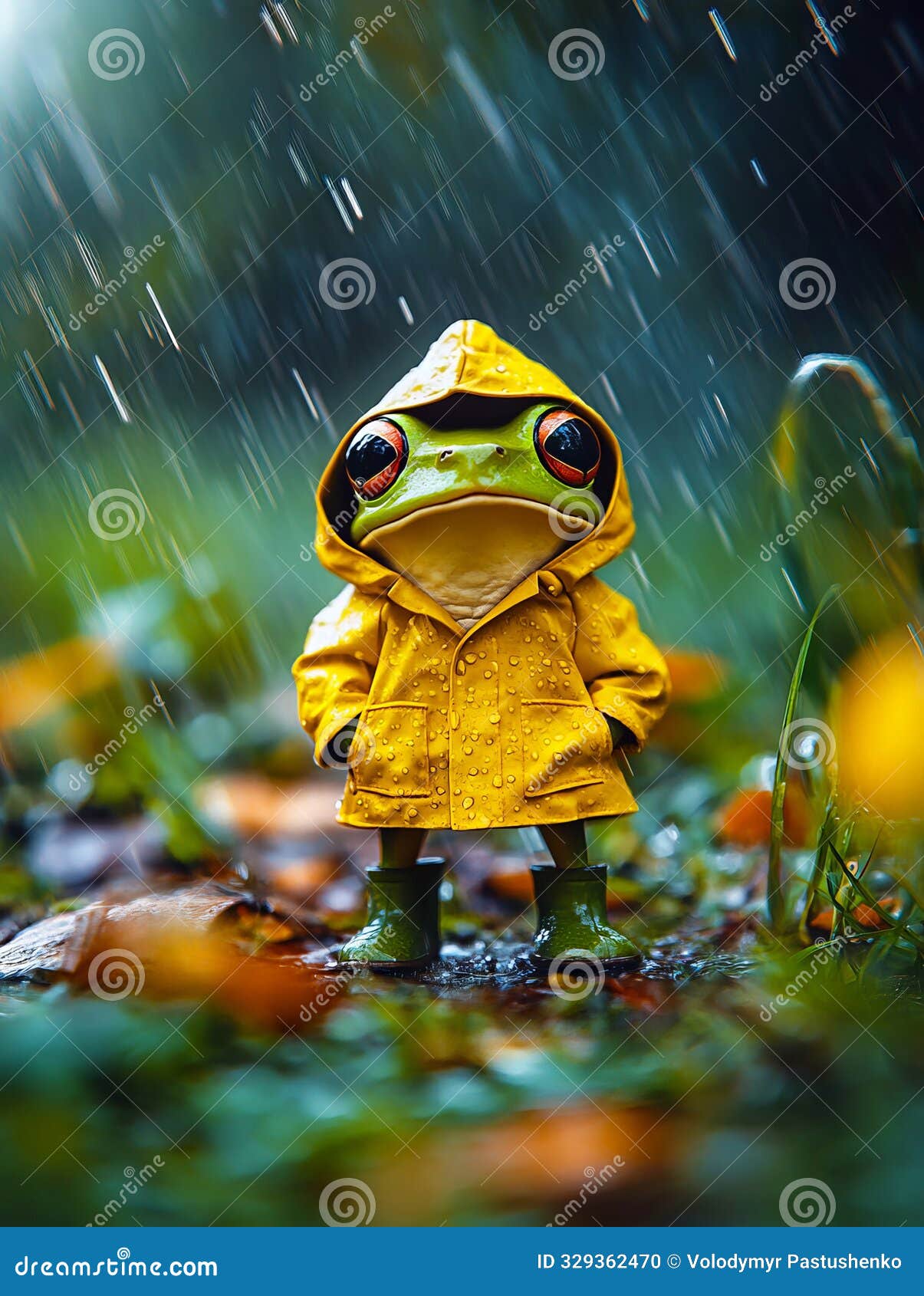 A Frog in a Yellow Raincoat Standing in the Rain Stock Photo - Image of ...