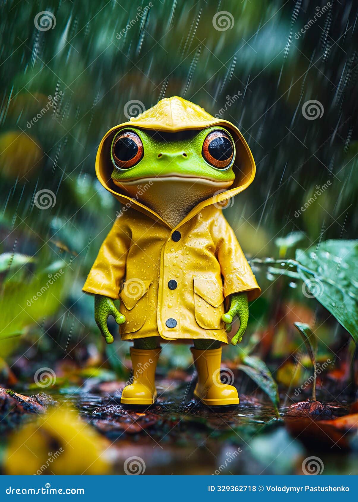 A Frog in a Yellow Raincoat Standing in the Rain Stock Photo - Image of ...