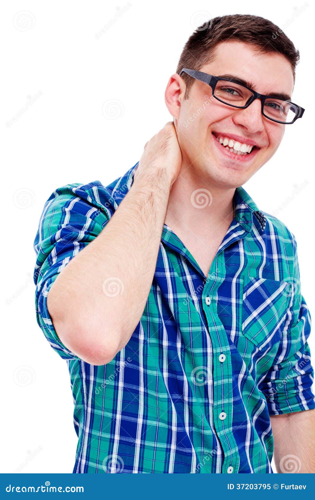 Froher Kerl Mit Der Hand Auf Hals Stockbild - Bild von lachen, getrennt ...