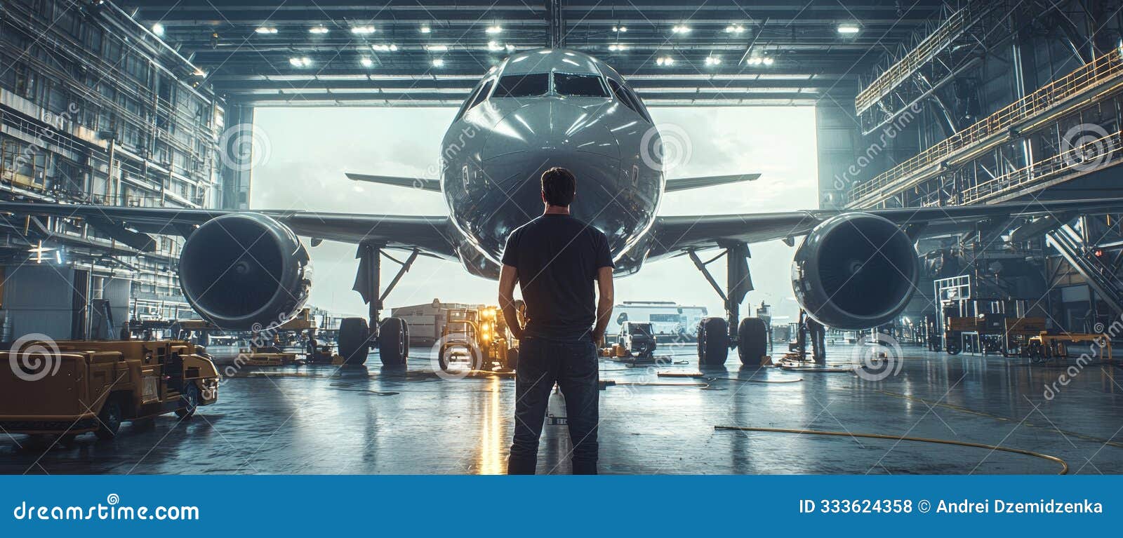In Front of an Airplane, an Aircraft Engineer Stands in a Hangar Stock ...