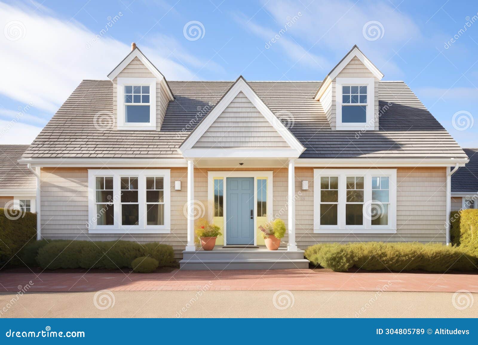 Front Angled View of a Sunny Cape Cod House with Double Symmetrical ...
