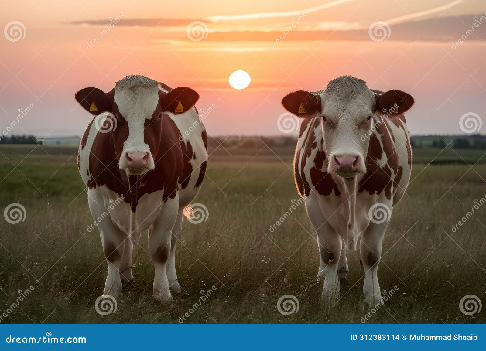 Front And Back Cow Portrait Sunset Backdrop Rural Tranquility Stock ...