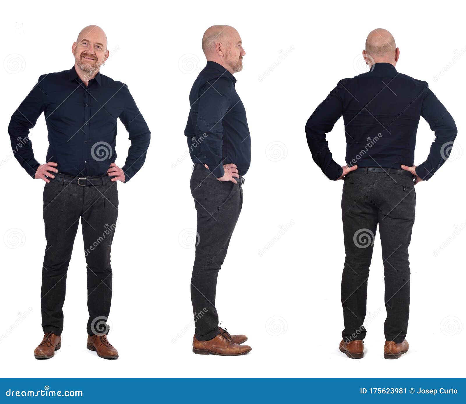 Front Back and Profile of Full Portrait of a Man on White, Hands on Hip ...