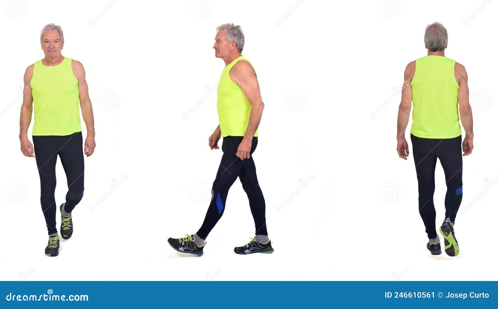 Front, Back and Side View of Same Senior Man with Sportswear Walking on ...