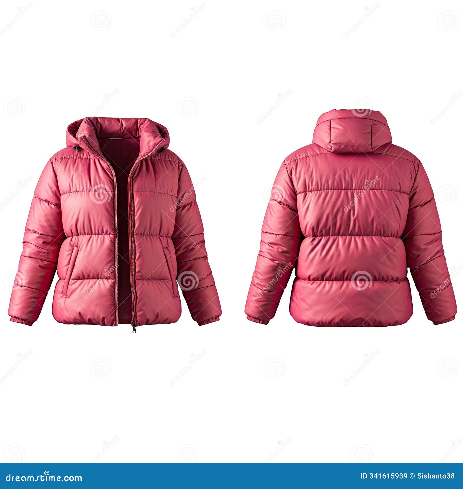 Front and Back View of a Red Puffer Jacket with a Hood Stock ...