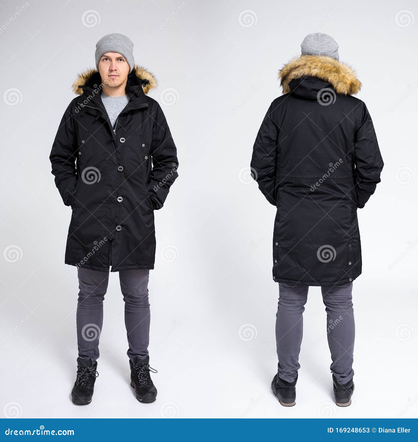 Front and Back View of Young Man in Warm Winter Jacket Over Gray ...