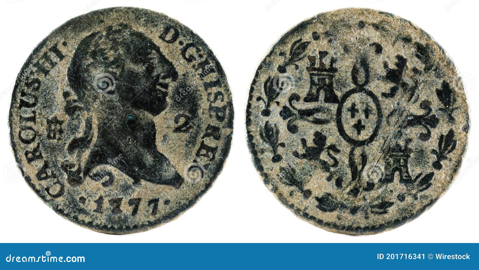 Front and Backside of a Historic Spanish Copper Coin of King Carlos III ...