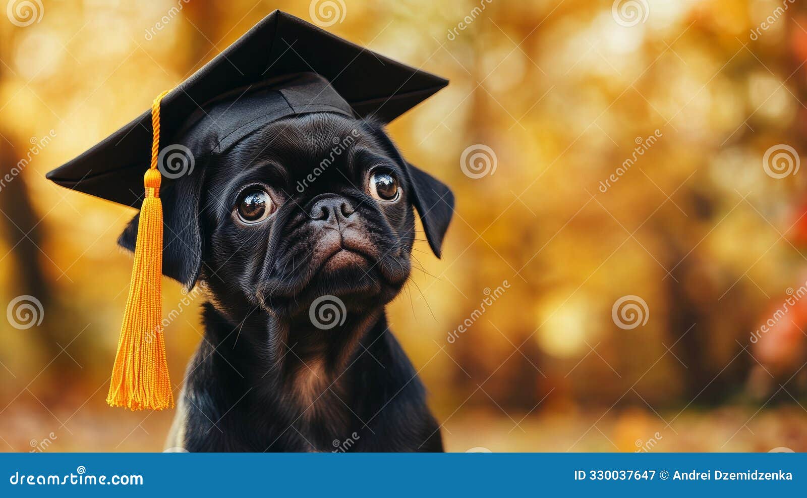 In Front of a Blurry Autumn Background, a Pug Wears a Graduation Cap ...