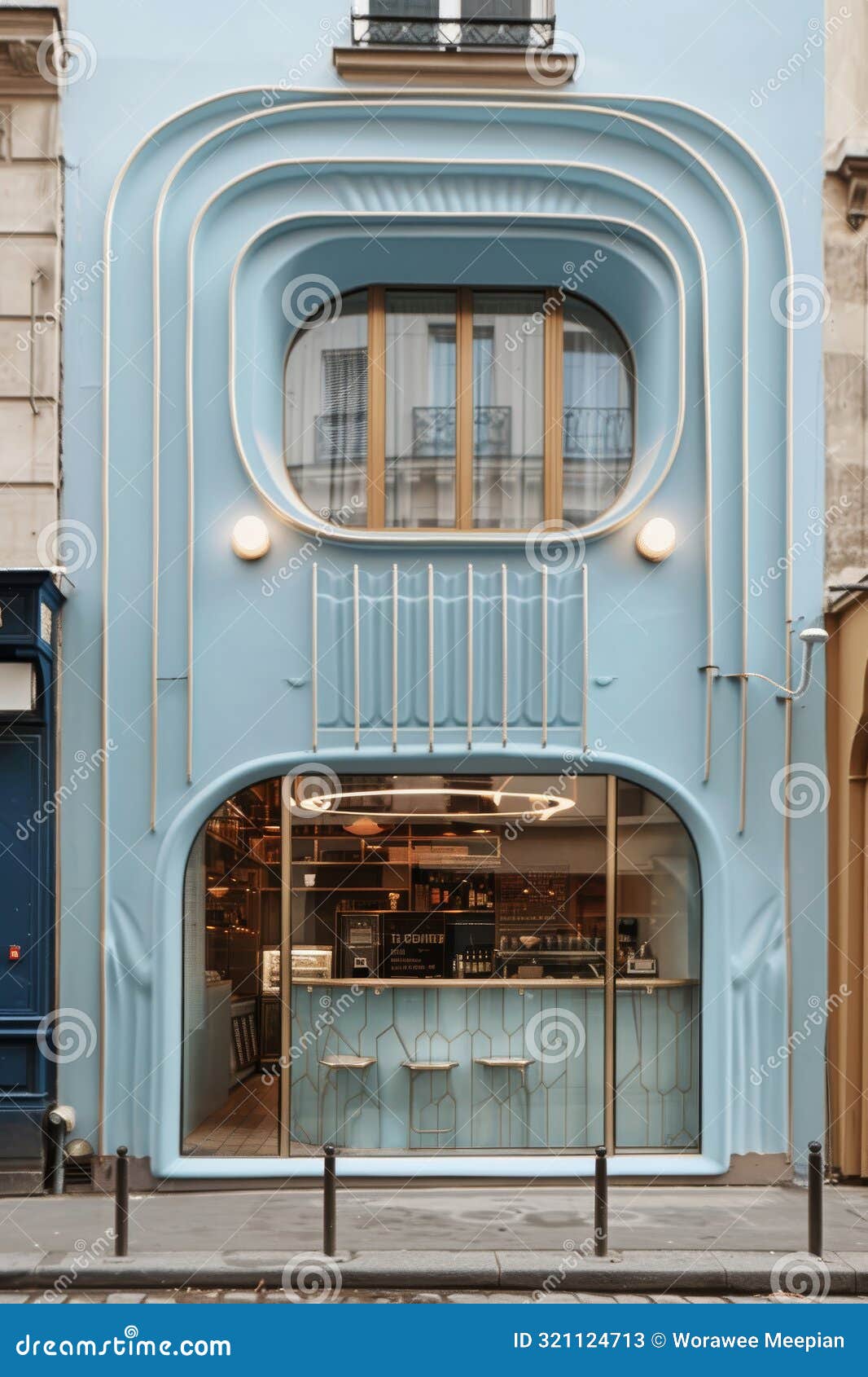 Front of Cafe Shot. a Blue Building with a Window and a Balcony Stock ...