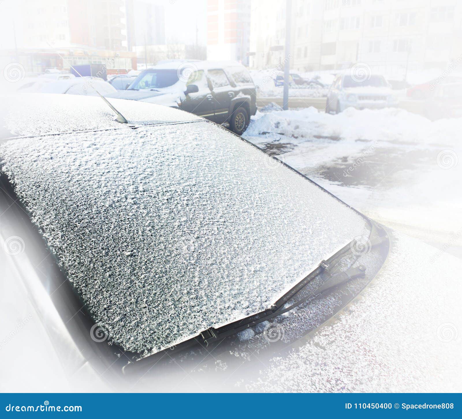 Front Car Glass Covered with Frozen Snow Background Stock Photo - Image ...