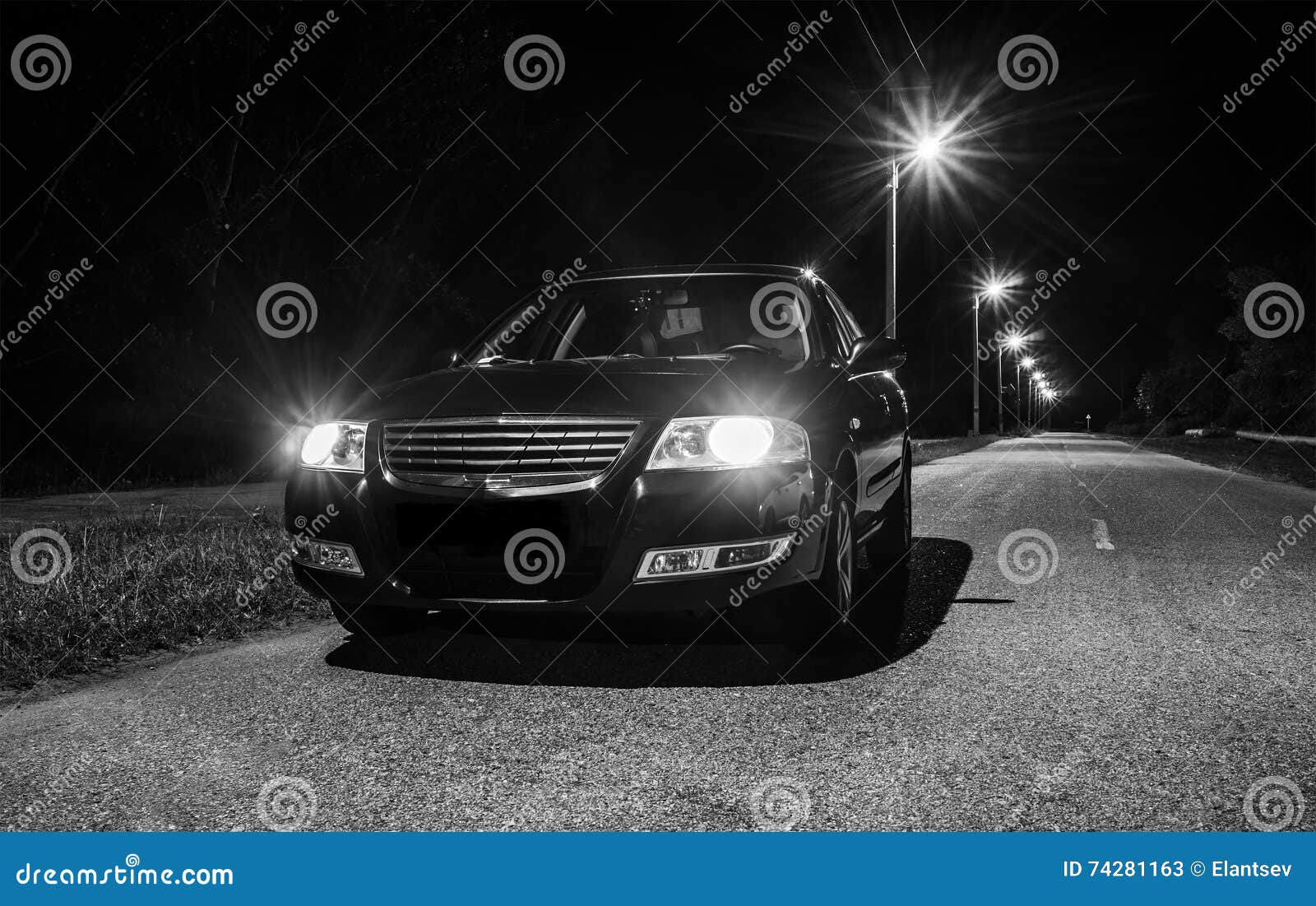 Front of the Car on the Road with Night Lighting Stock Image - Image of ...
