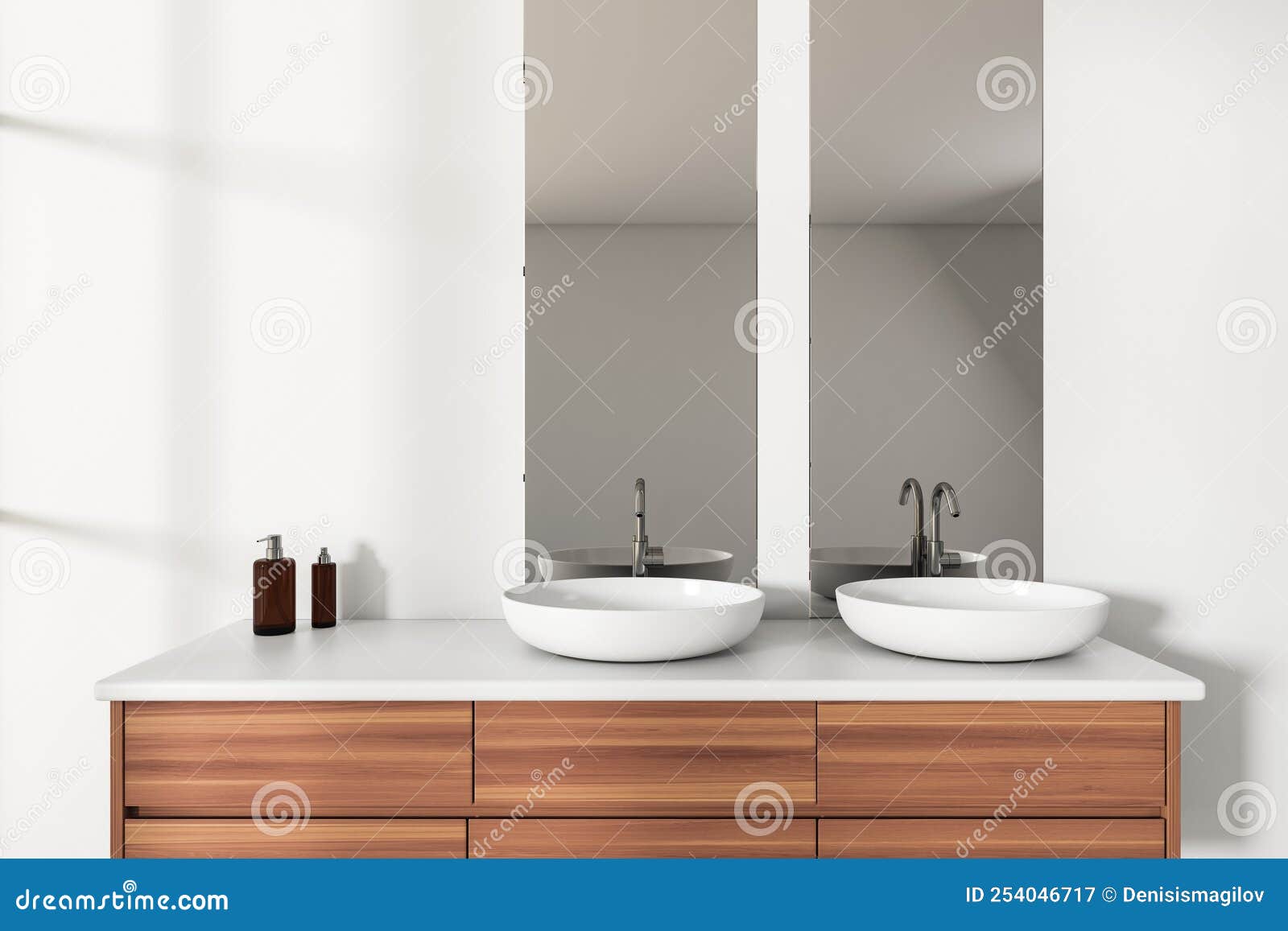 Front Close Up View on Bright Bathroom Interior with Mirrors Stock ...