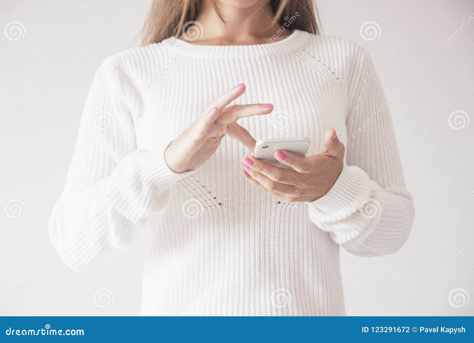 Front Close Up of Woman Using Mobile Smart Phone, Swiping Up Gesture ...