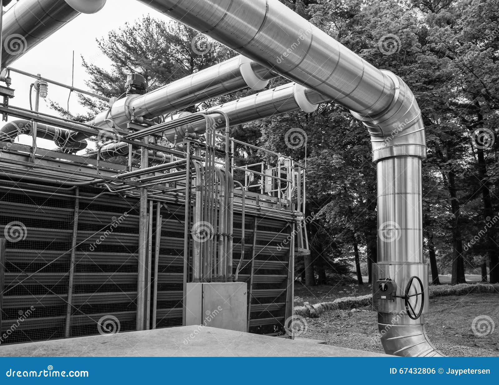 Front of Cooling Tower Showing Piping an Valve, Monochrome. Stock Photo ...