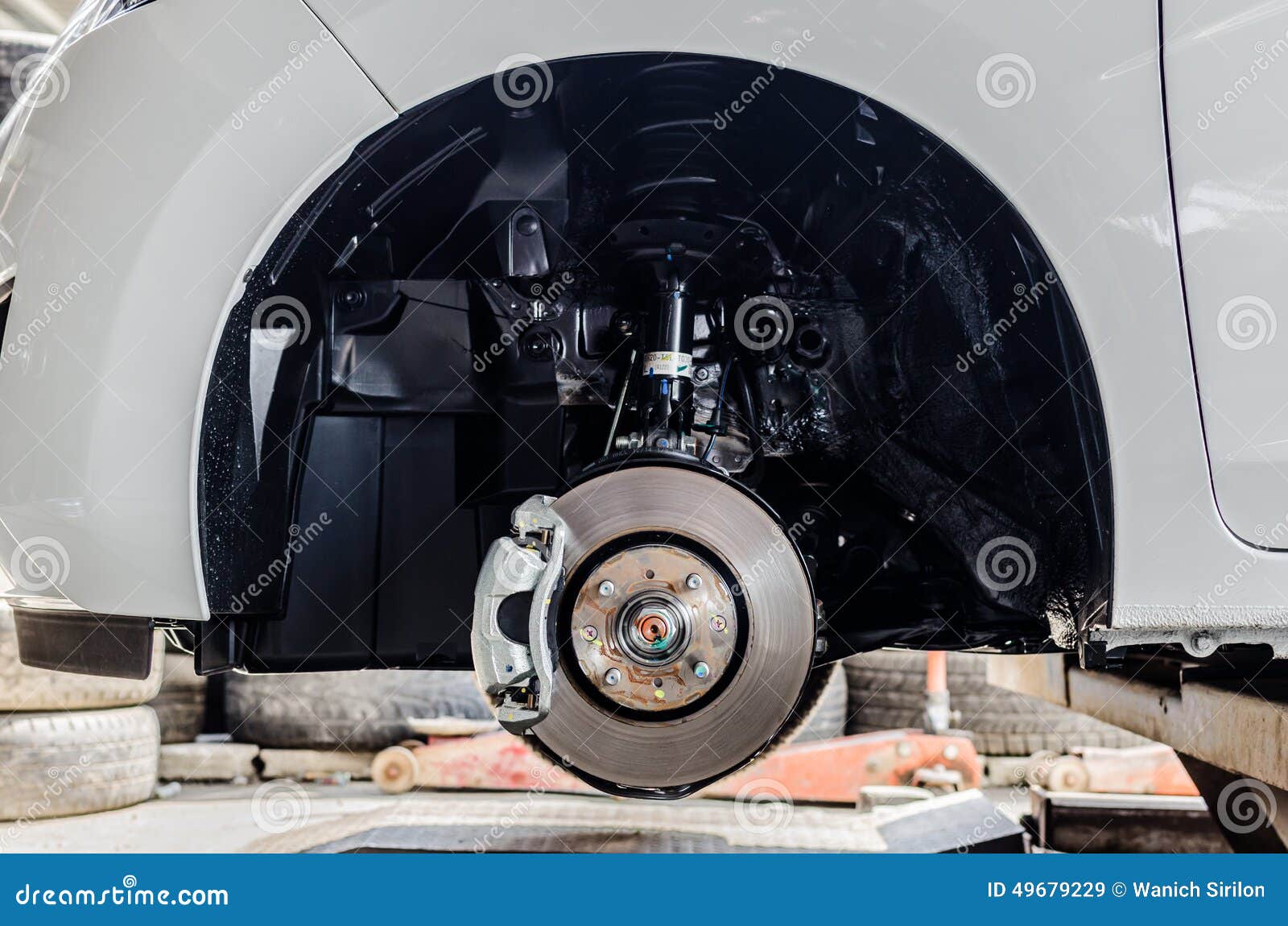 Front Disc Brake on Car in Process of New Tyre Replacement. Stock Image ...