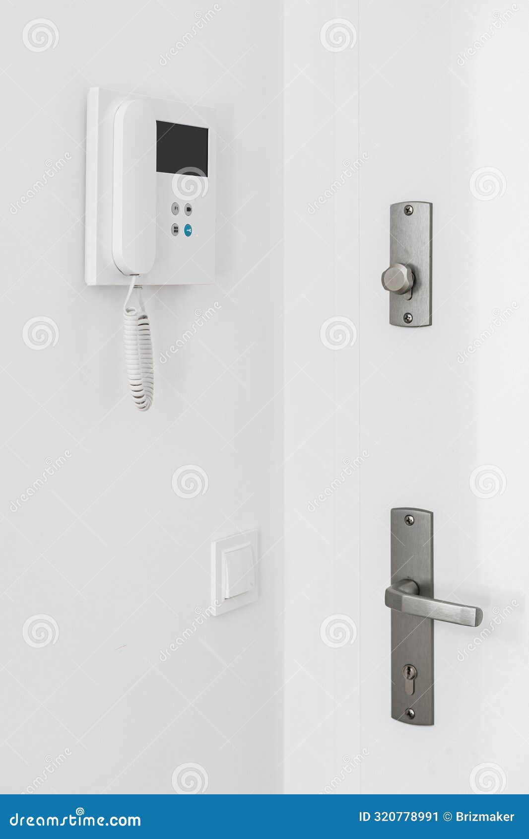 Front Door with Handle and Keyhole and Intercom System with Handset on ...