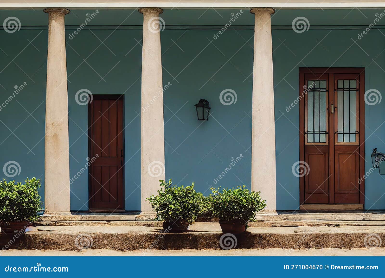 Front Door of House with Glass Inserts on Porch with Columns Stock ...