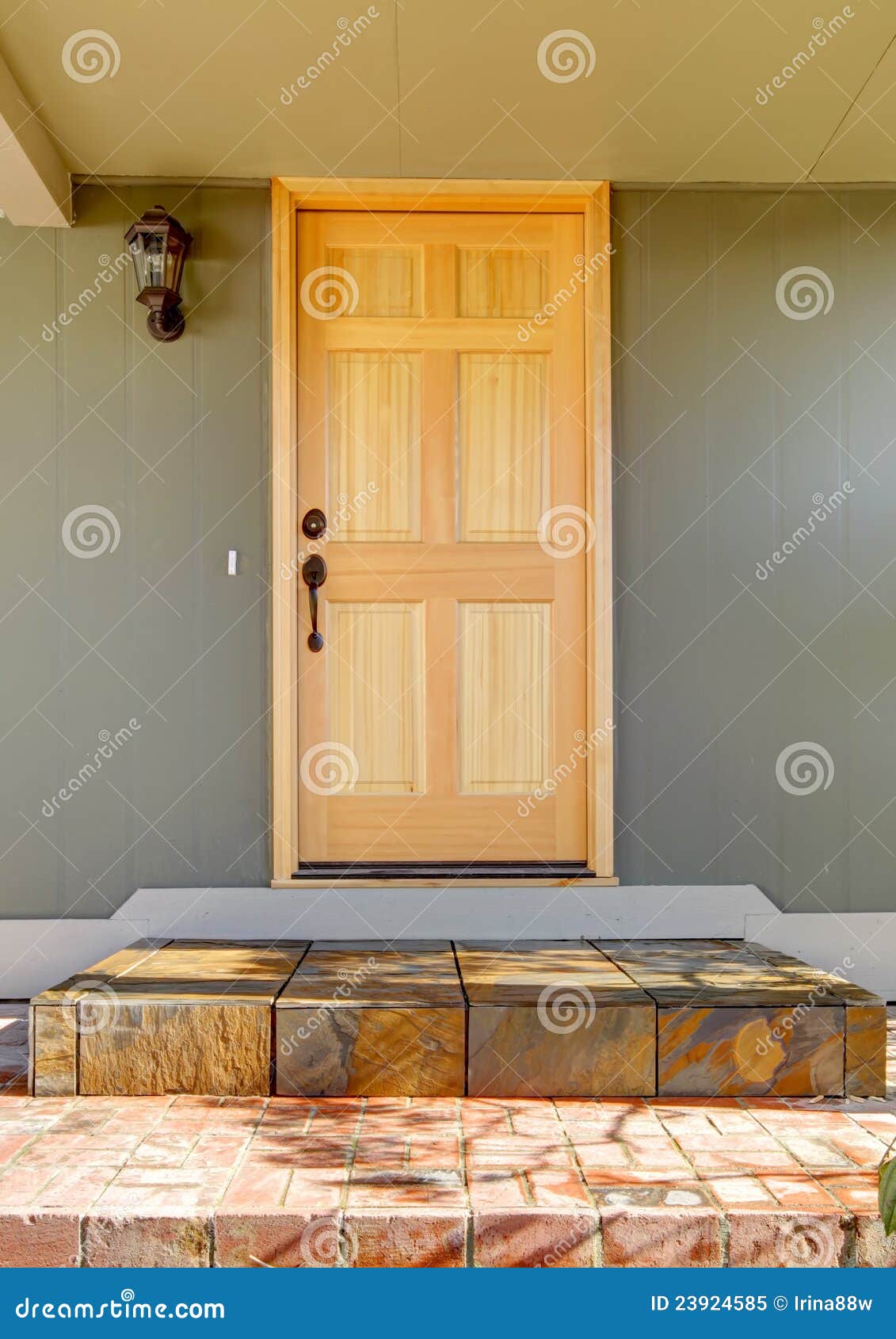 Front Door Light Wood with Green House Close Up. Stock Image - Image of ...