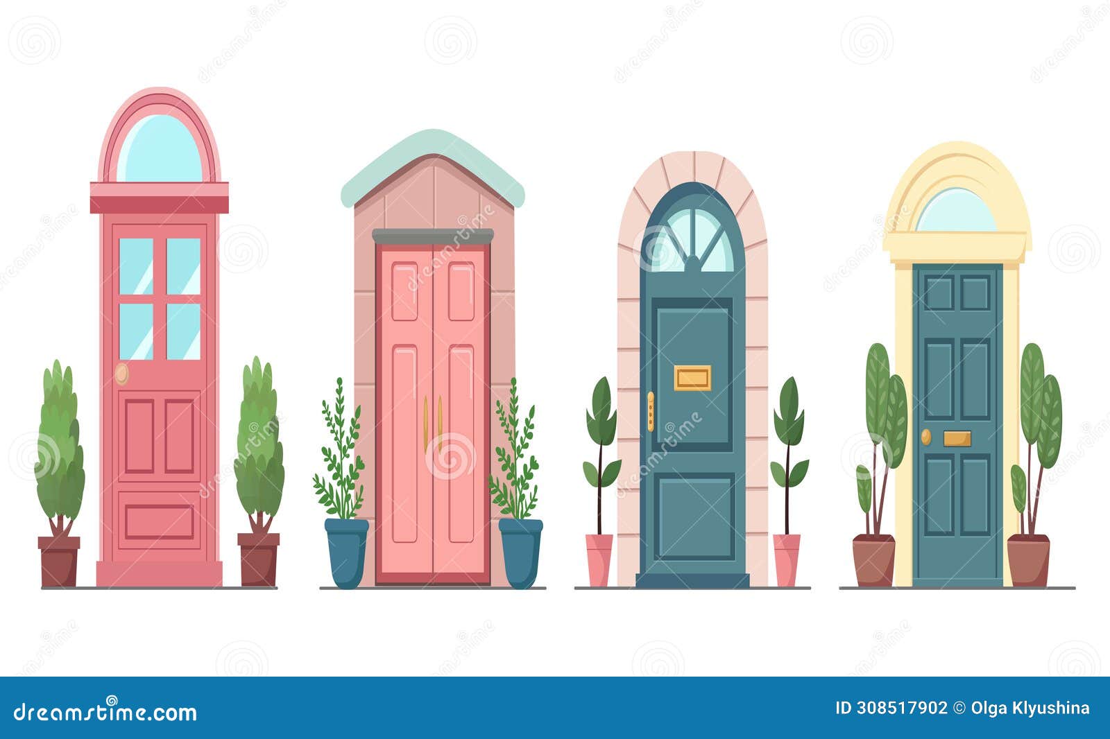 Front Door with Two Pots with Plants. Cartoon House Illustration Stock ...